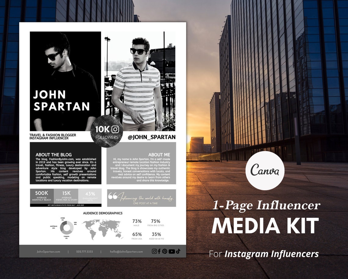 Instagram Influencer Media Kit Template, One Page, Editable in Canva ...