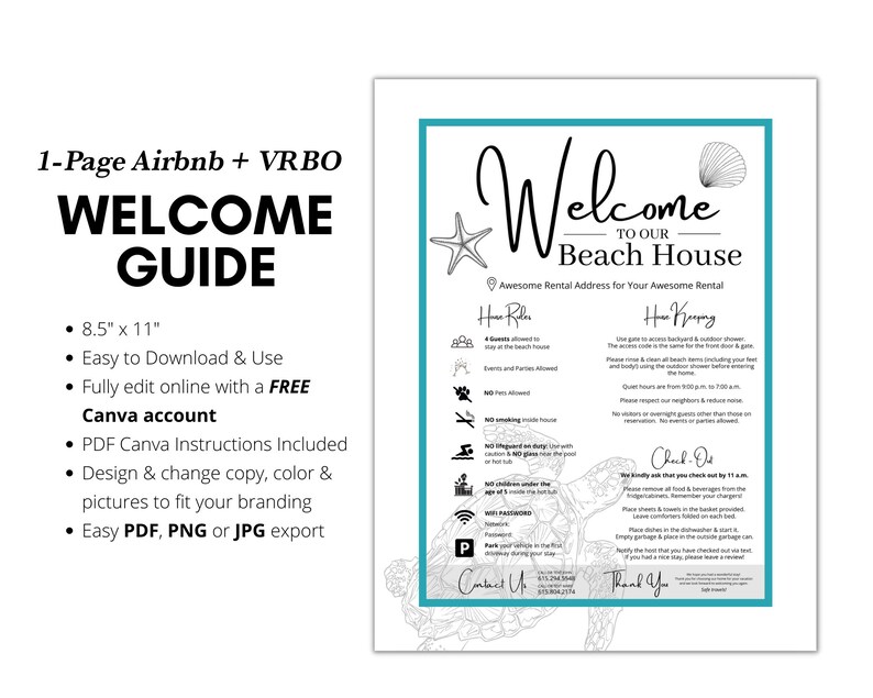 1 Page Welcome Book Airbnb Beach, Airbnb Welcome Sign, Greeting Card ...