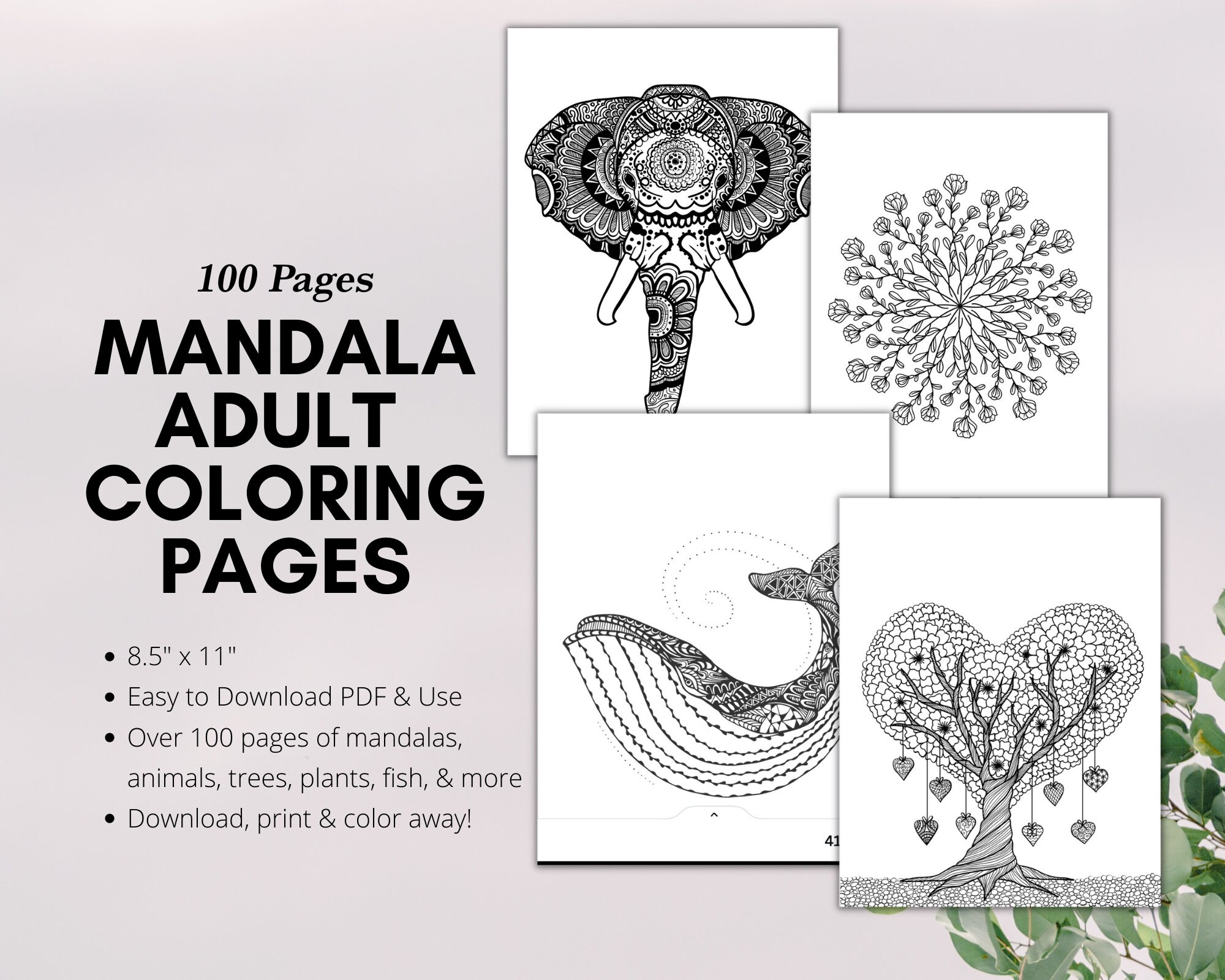 100 Printable Pages of Mindfulness, Mandala Animals Flowers Trees ...
