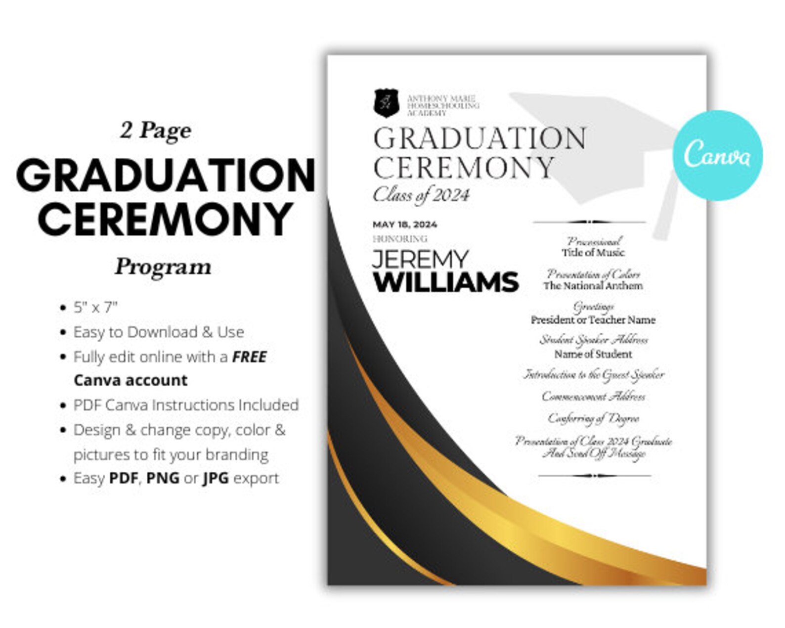 High School Graduation Ceremony Program Template Homeschool Black and ...