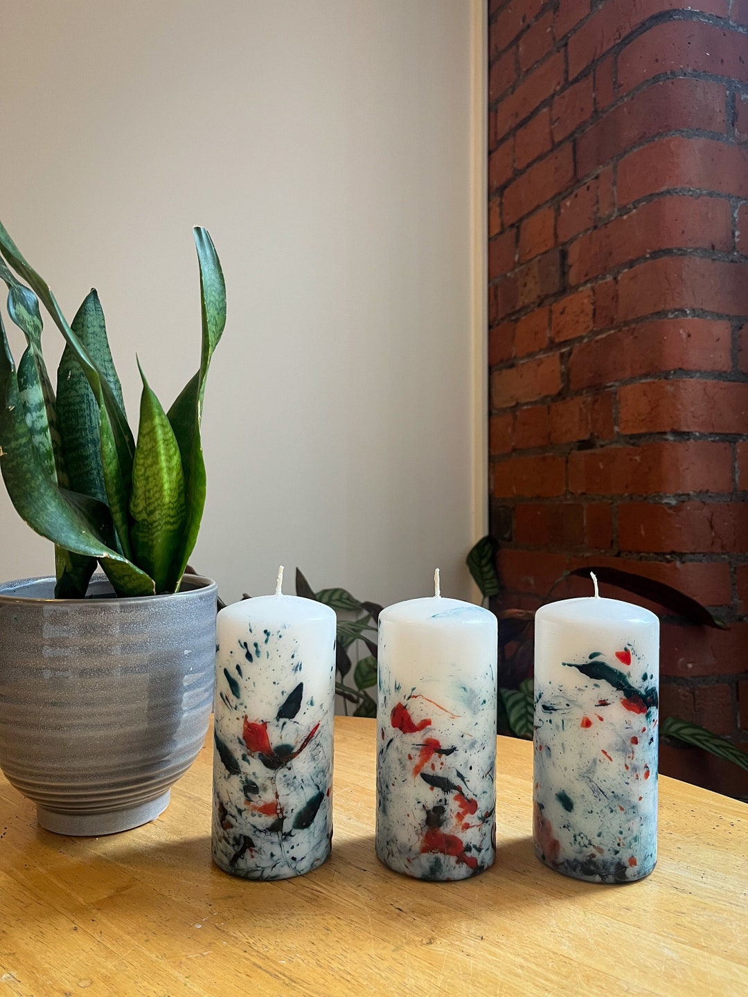 Marble Pillar Candle, Handmade Watercolour Splatter Effect. Home ...