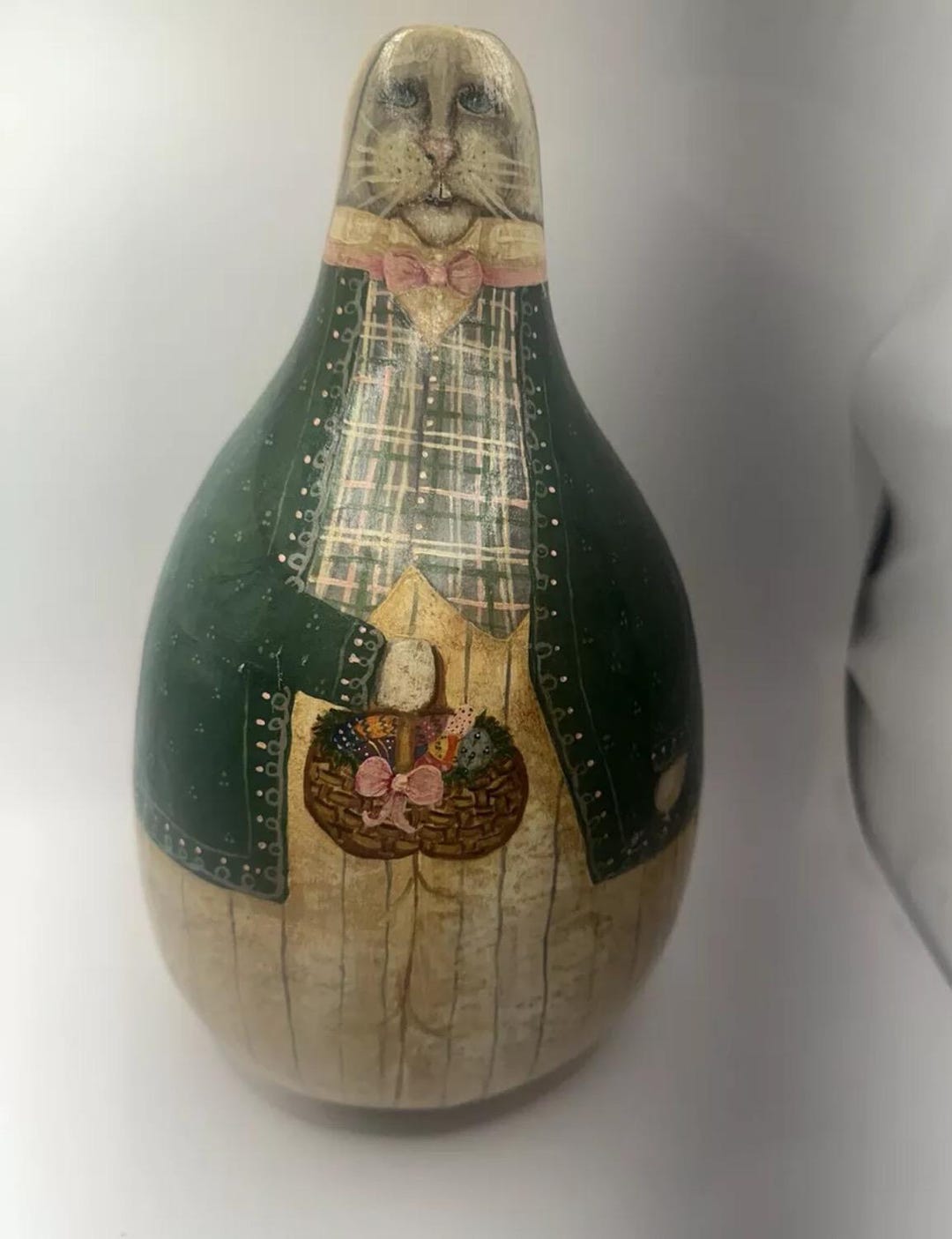 Folkart Painted Gourd Rabbit Holding Easter Basket Very Detailed Signed ...