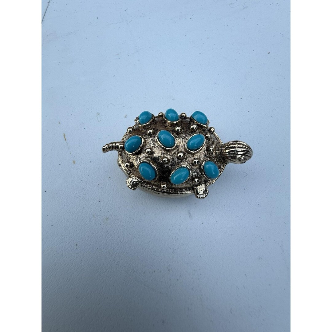 VTG Turtle Pill Box/trinket Box Silver Tone With Faux Turquoise Opens ...