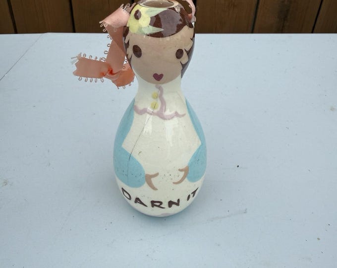Vintage Darn It Doll Cleminson Pottery Darning Egg Sewing 5" Gold Bow ...