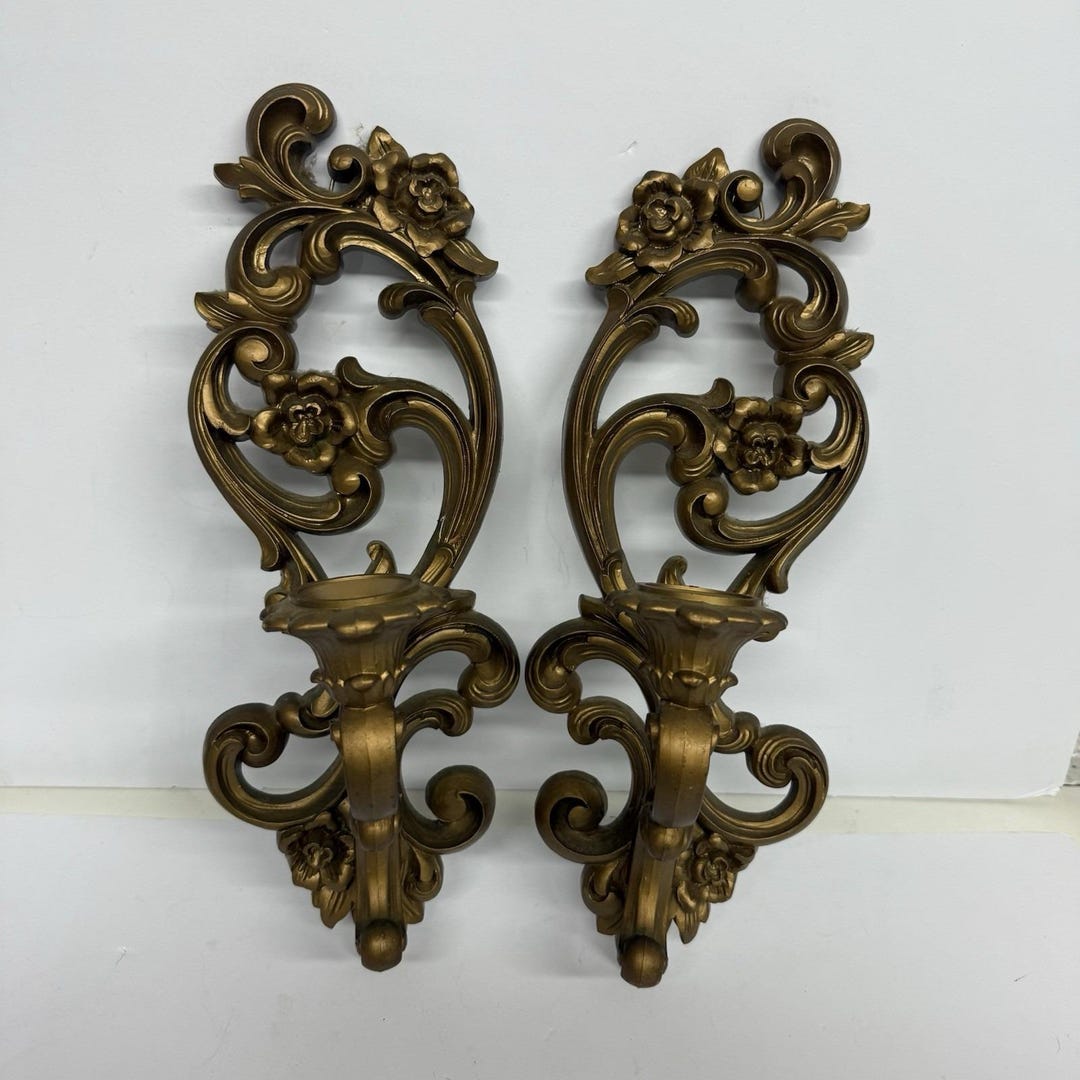 2 Vintage Homco Syroco Ornate Wall Sconce Candle Holder Floral ...