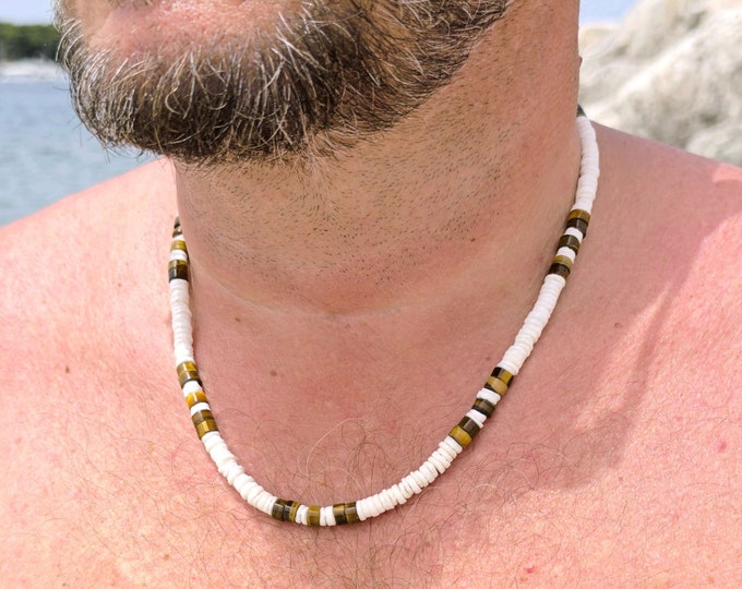 Surfer Shell Necklace With Yellow Tiger Eye, Boho Style, Men's Jewelry ...
