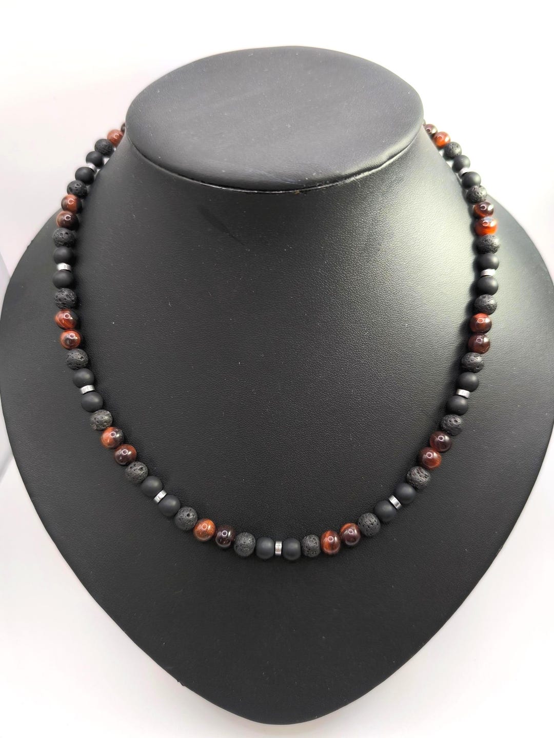 Gemstone Necklace for Men With Agate, Hematite, Tiger's Eye and Lava ...