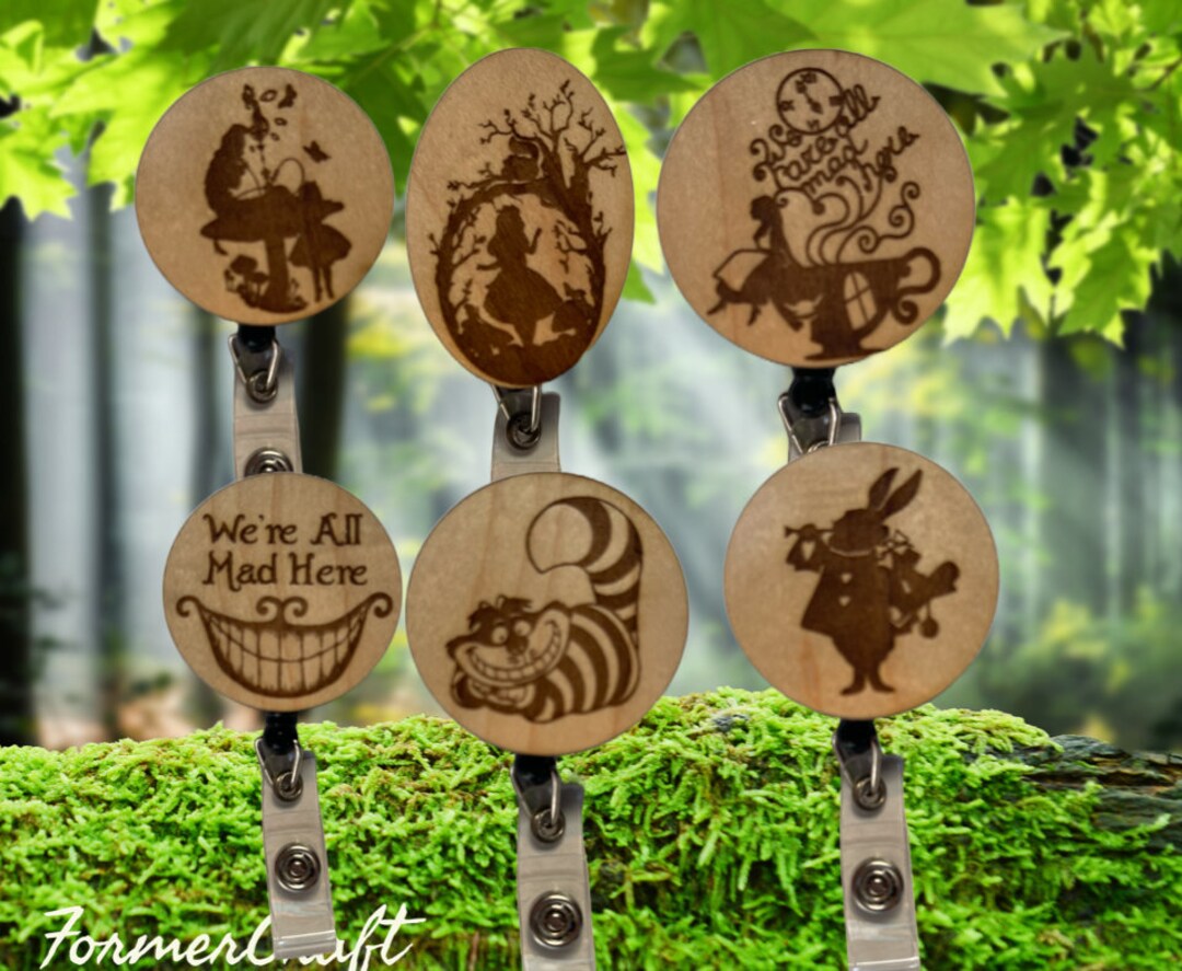 Alice and Wonderland Themed Laser Engraved Wood Retractable Badge Reel ...