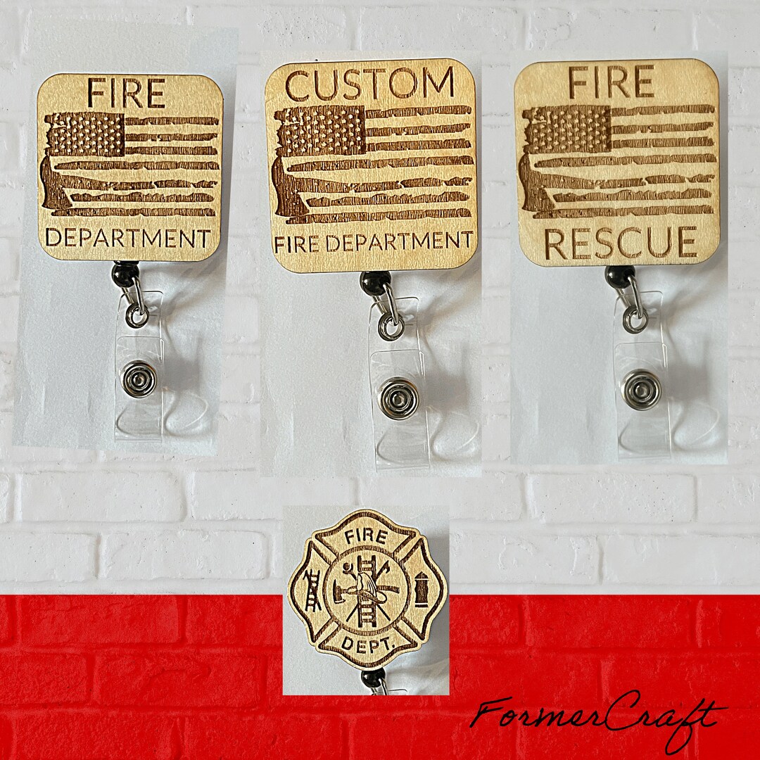 Custom Laser Engraved Wood Fire Rescue, Fire Department Retractable Badge Reel - Etsy