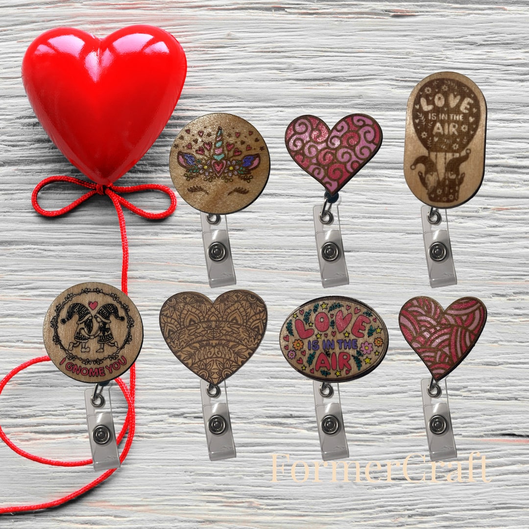 Hand Painted Wooden Laser Engraved Valentines Badge Reels Unicorn ...