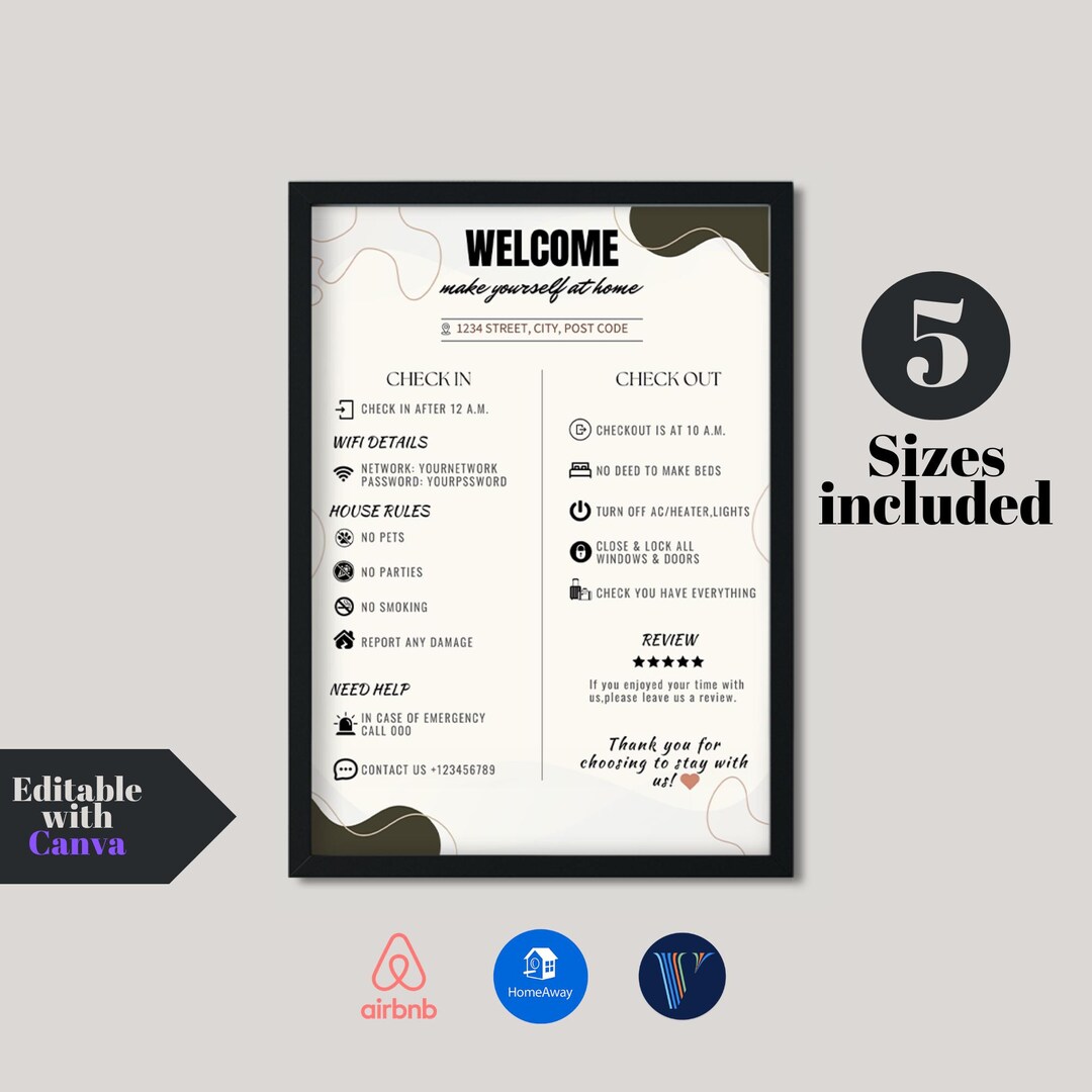 Plantilla imprimible de letrero de bienvenida de Airbnb para ...