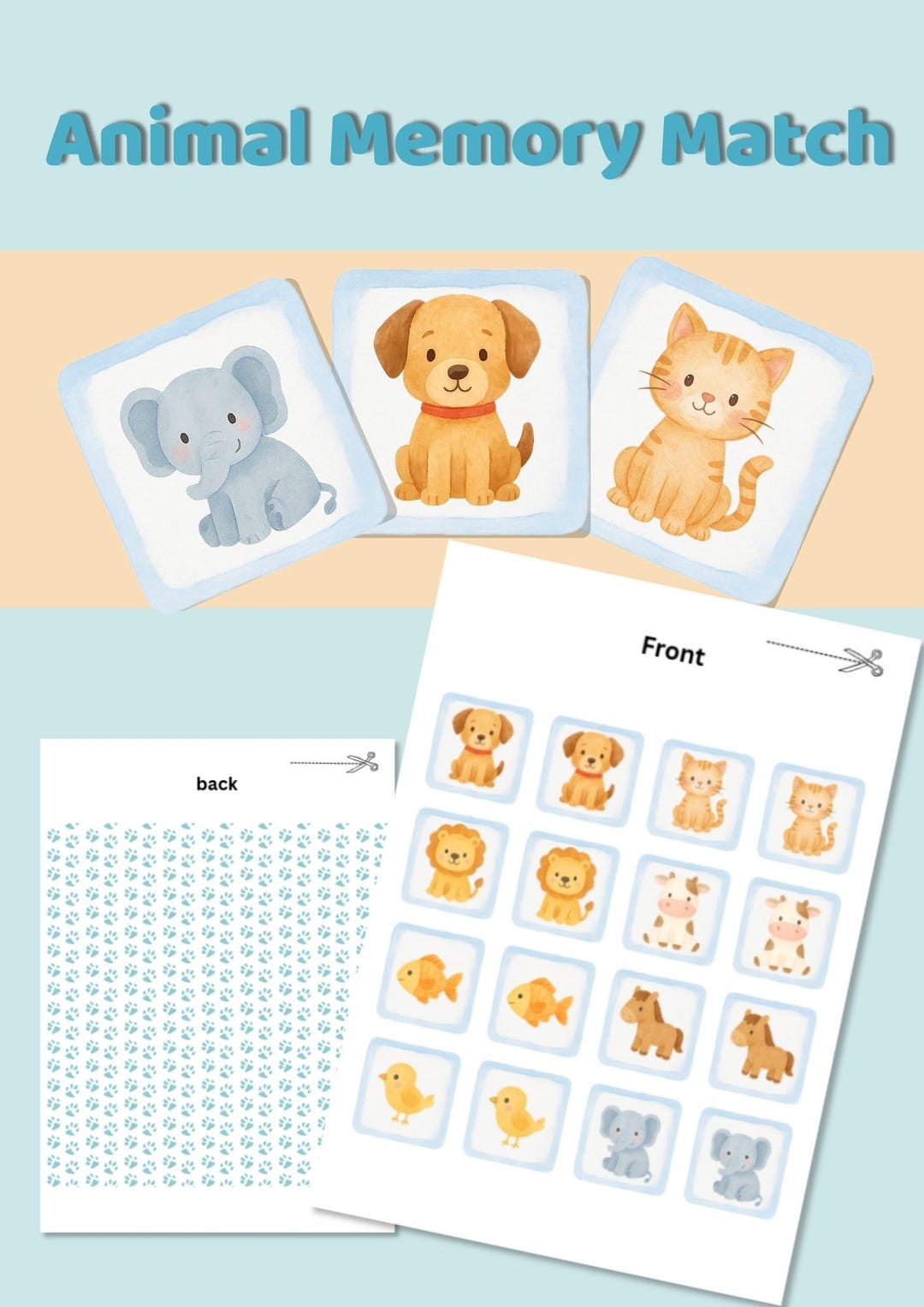 Animal Memory Game Printable: Watercolor Matching Cards for Toddlers ...