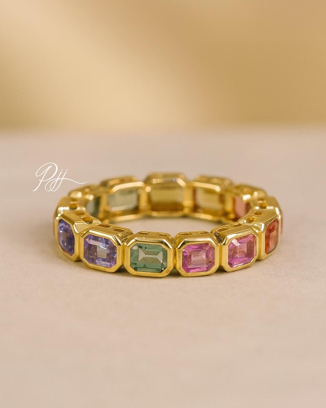4x3mm Octagon Cut Rainbow Sapphire Bezel Eternity Ring | Bezel Sapphire ...