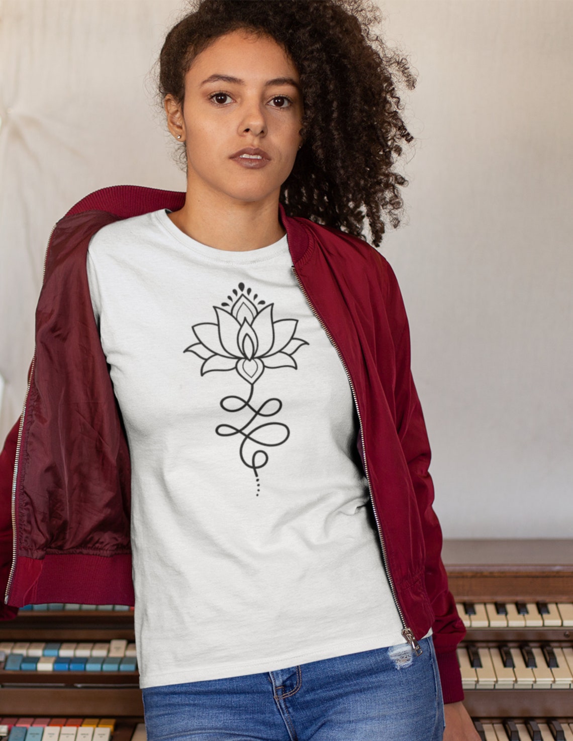 Unalome Lotus Flower Unalome Buddhist Symbol Meditation Design White T-shirt With Black Vinyl ...