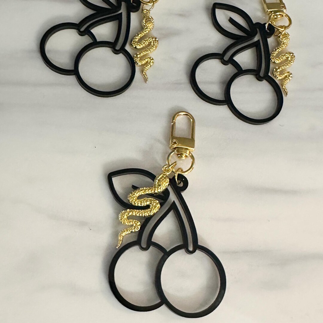 Acrylic Cherry Keychain – Black Outline Cherry Bag Charm, Gold Snake ...