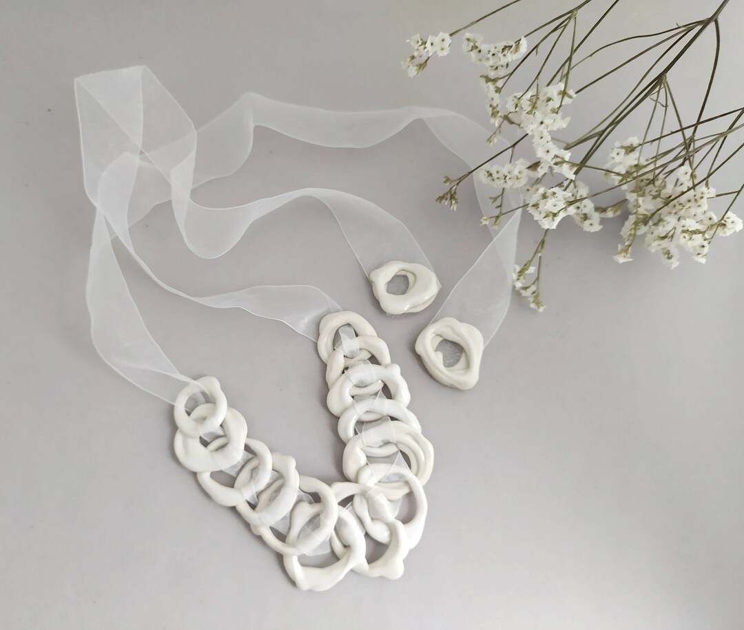 Chunky chain clay necklace, versatile, white jewelry, ceramic chain ...