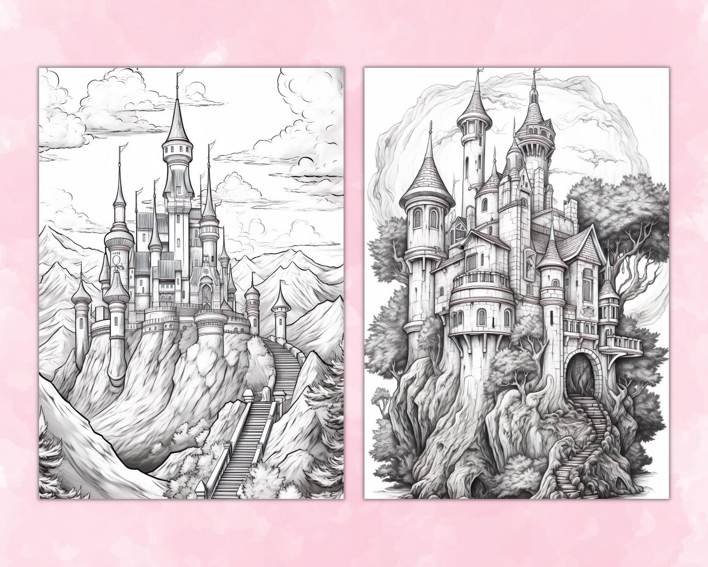 Fairytale Castles Coloring Pages, Grayscale Coloring Page, Fantasy ...