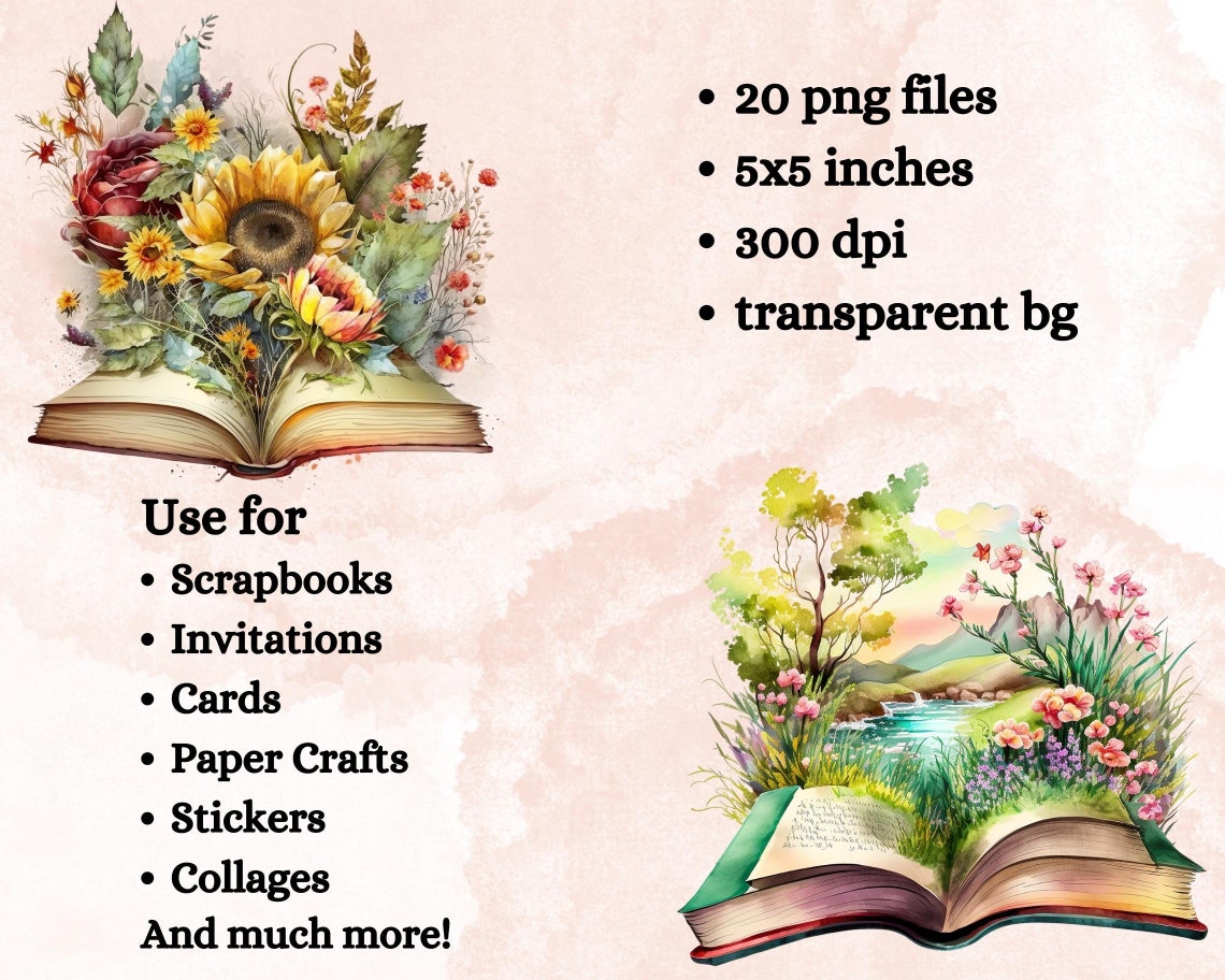20 Watercolor Summer Florals Fantasy Open Book Clipart, Summer Flowers ...