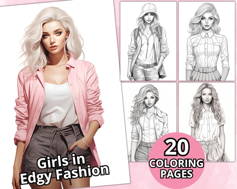 Girls in Edgy Fashion Coloring Pages for Adults, Grayscale Coloring ...