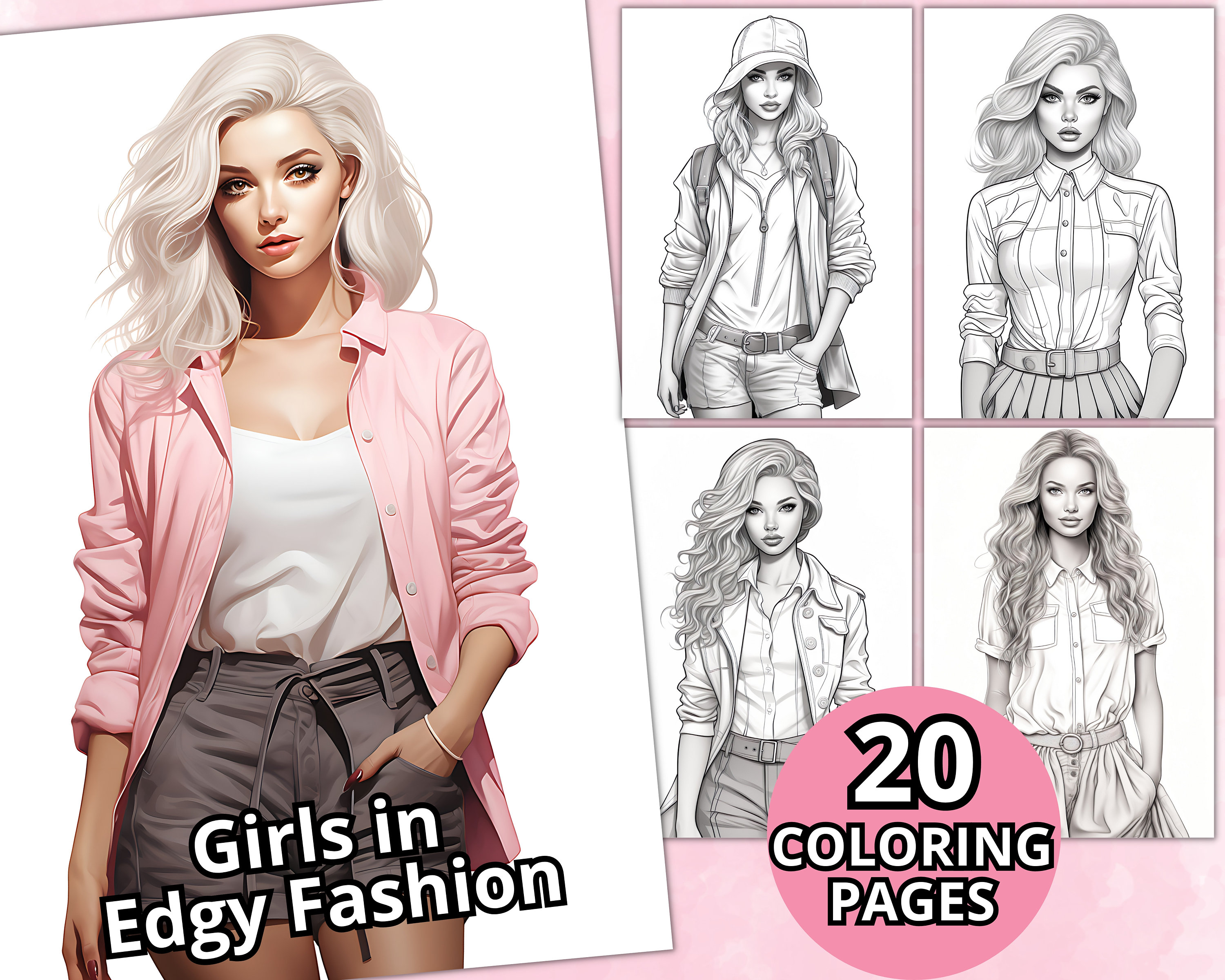 Girls in Edgy Fashion Coloring Pages for Adults, Grayscale Coloring ...