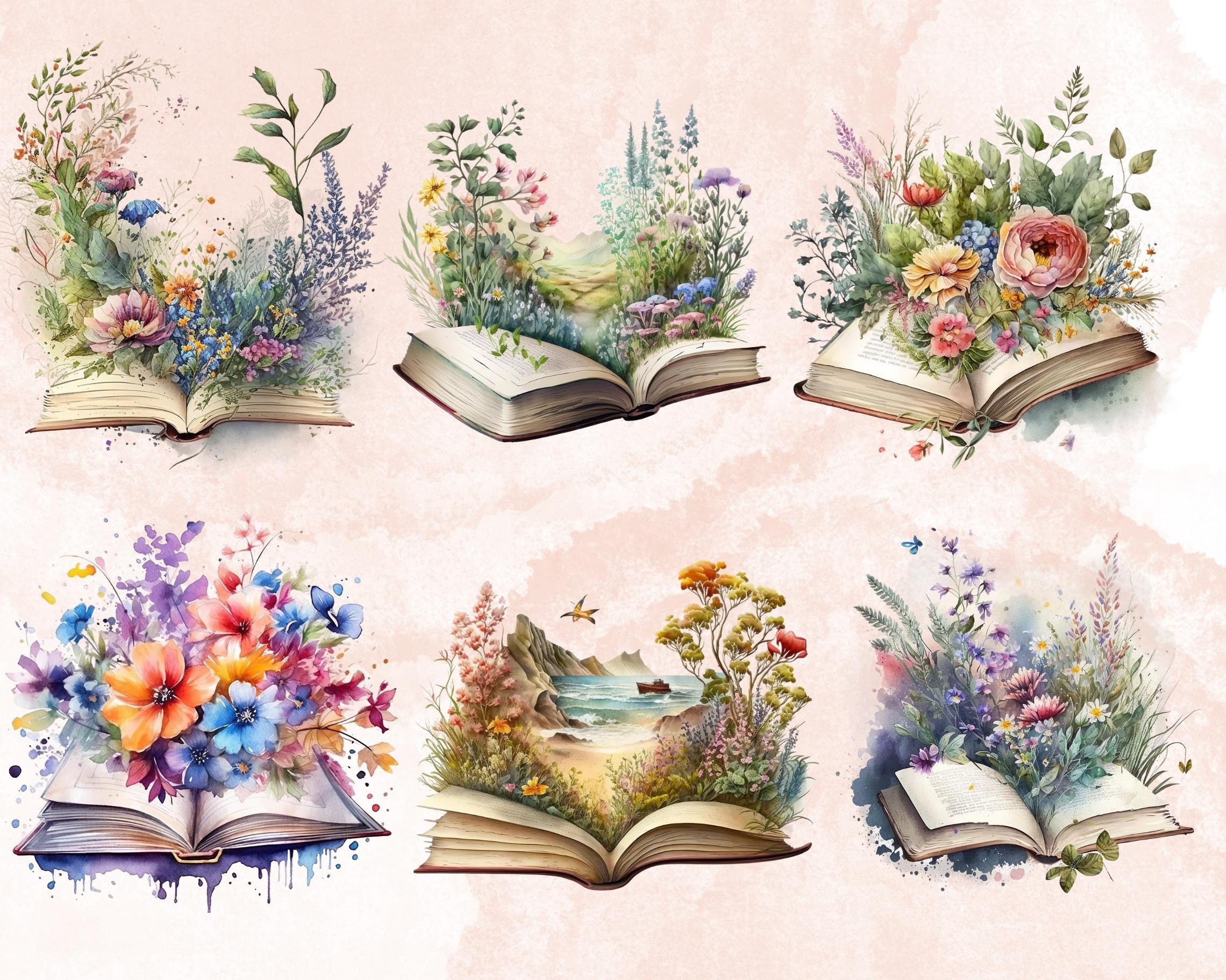 20 Watercolor Summer Florals Fantasy Open Book Clipart, Summer Flowers ...