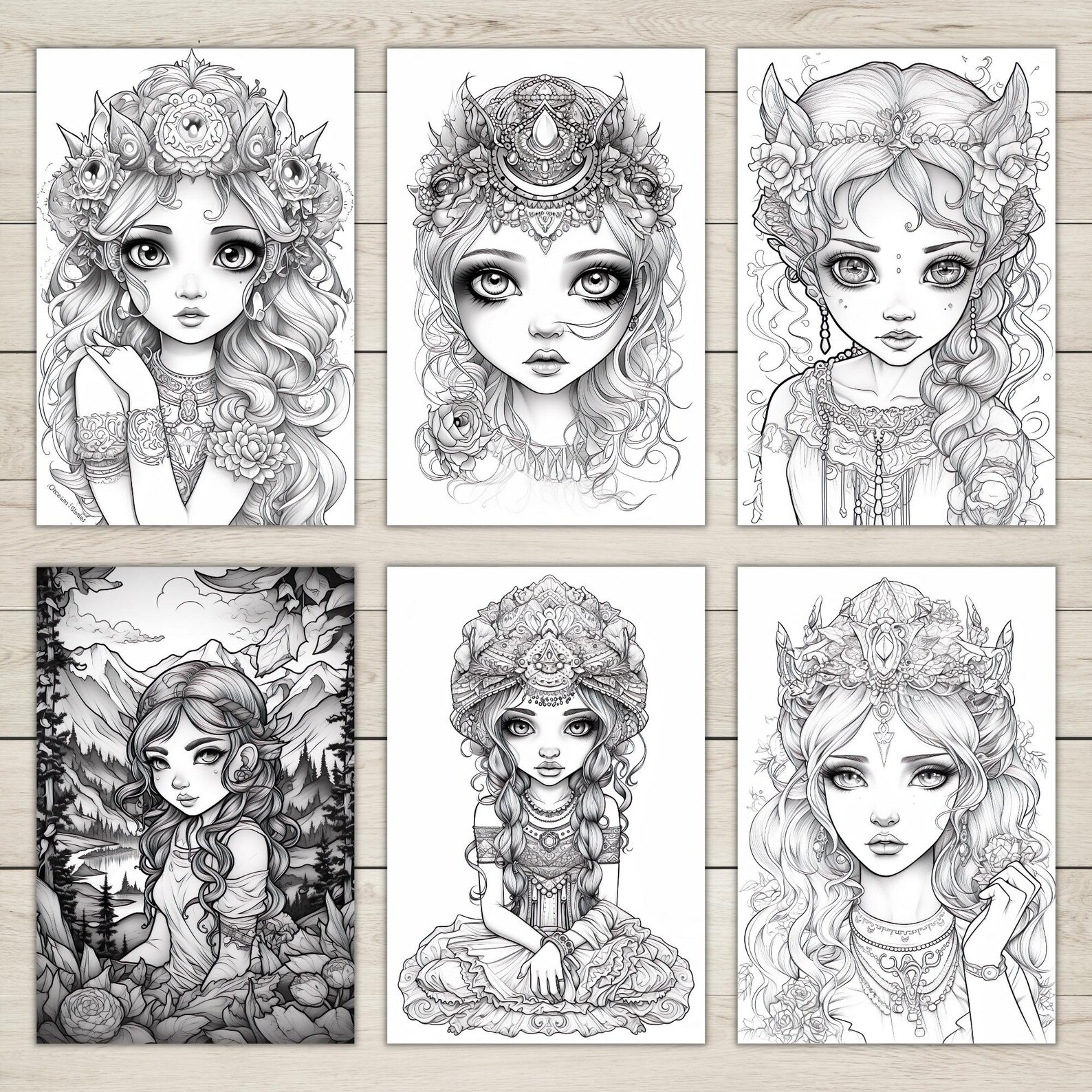 Cute Fairy Princesses Coloring Pages, Grayscale Coloring Page, Fantasy ...