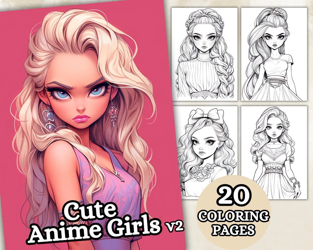 Cute Anime Girls Coloring Pages for Adults, Grayscale Coloring Pages ...