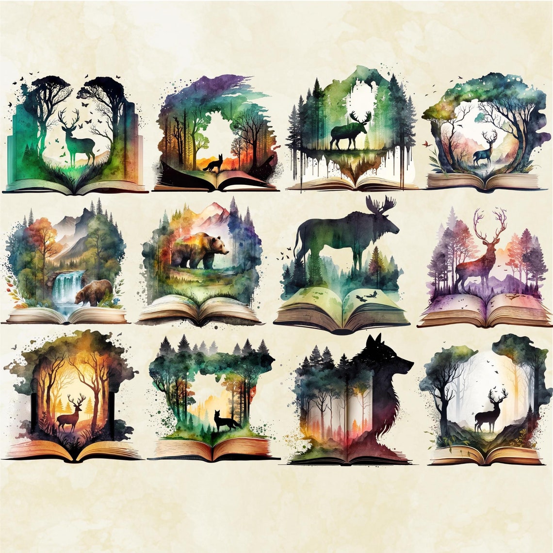 20 Watercolor Fantasy Forest Book Clipart Open Book Clipart - Etsy