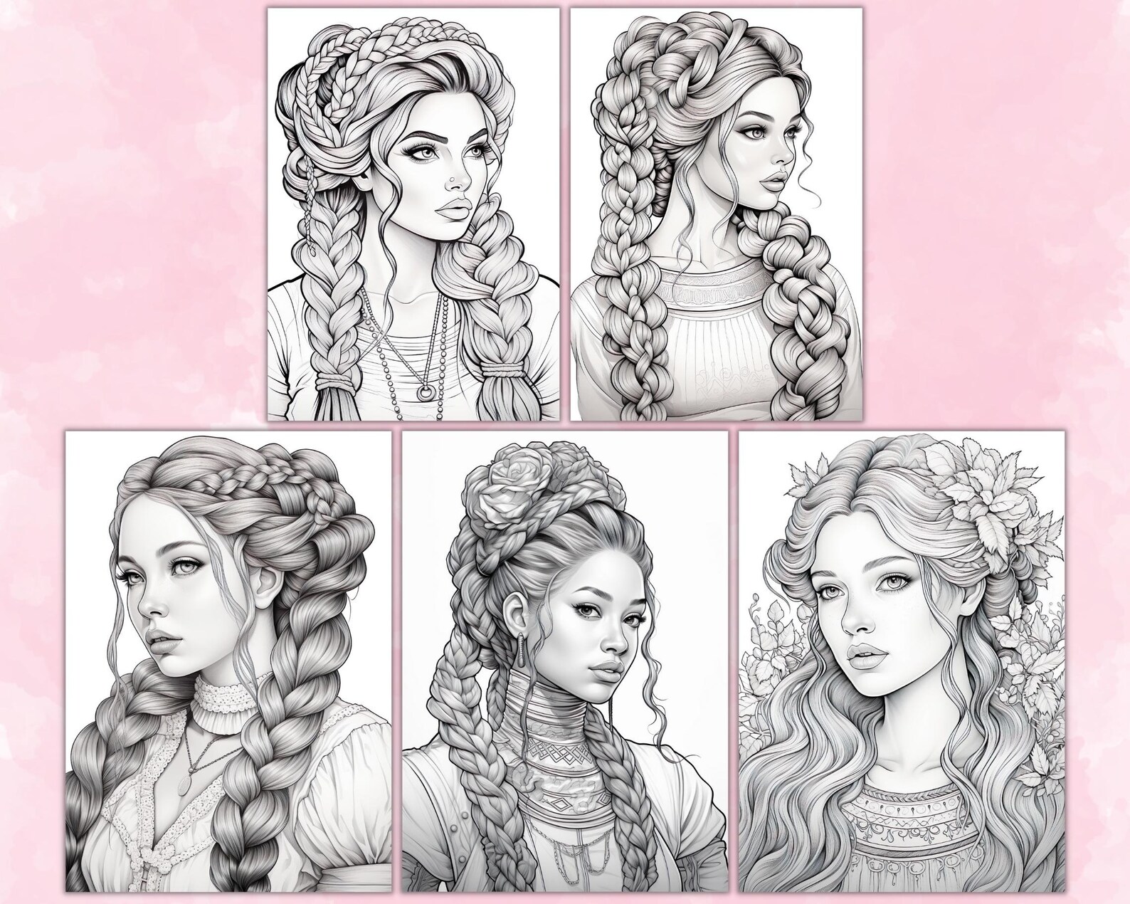 Girls With Braids Coloring Pages for Adults, Grayscale Coloring Pages ...