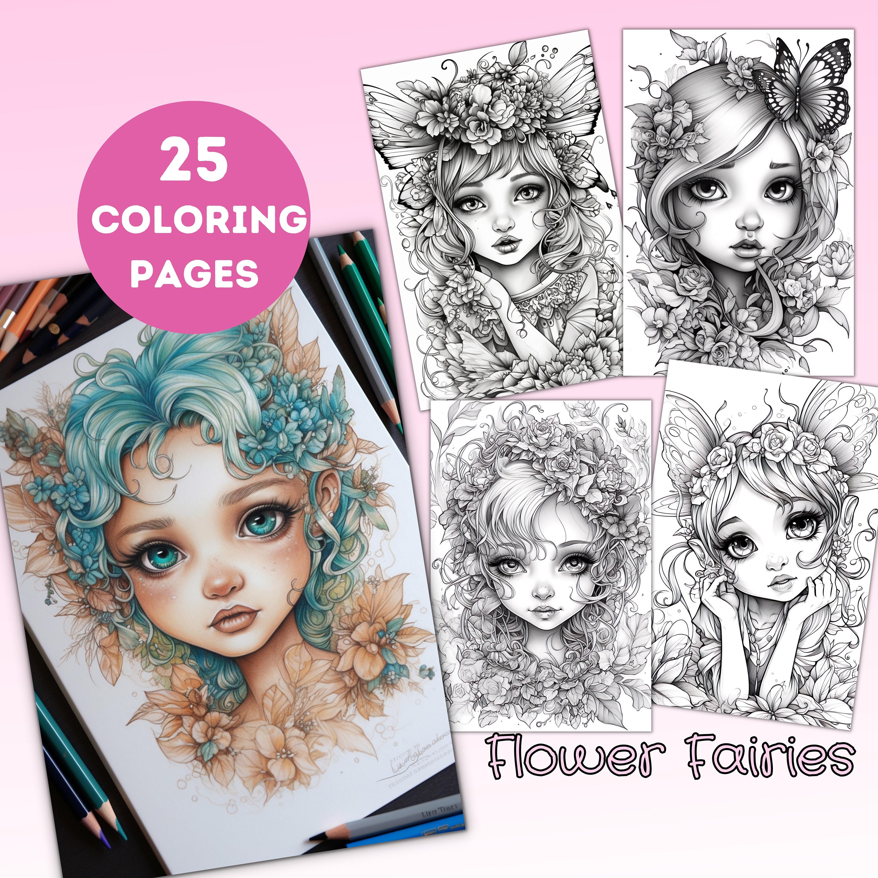 Cute Flower Fairy Coloring Pages, Fairy Coloring Page, Grayscale ...