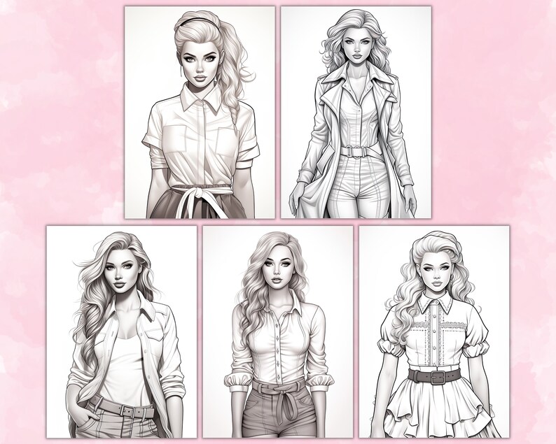 Girls in Edgy Fashion Coloring Pages for Adults, Grayscale Coloring ...