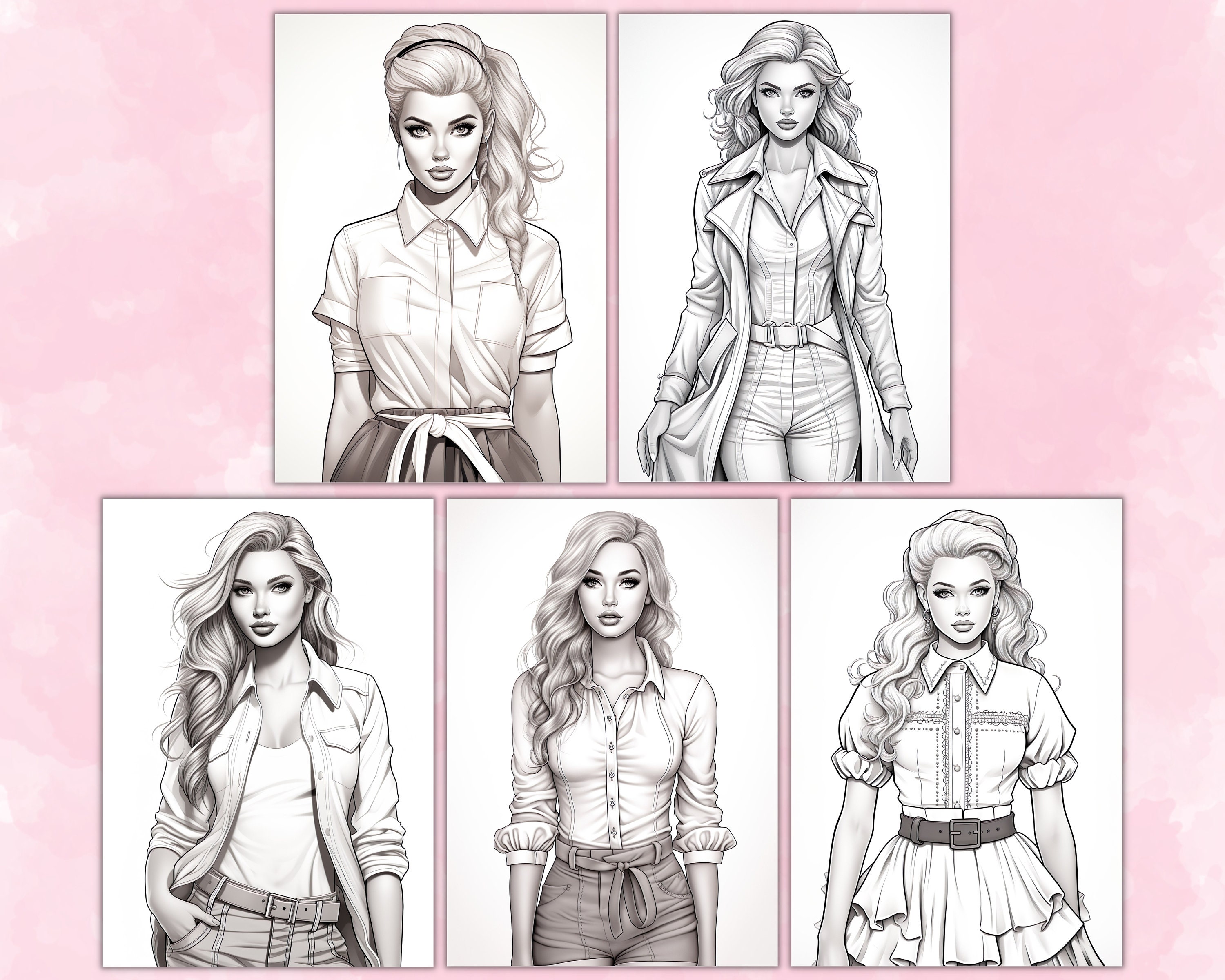 Girls in Edgy Fashion Coloring Pages for Adults, Grayscale Coloring ...