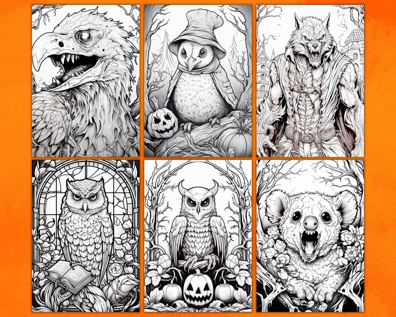 Creepy Halloween Animals Coloring Pages for Adults, Grayscale Coloring ...