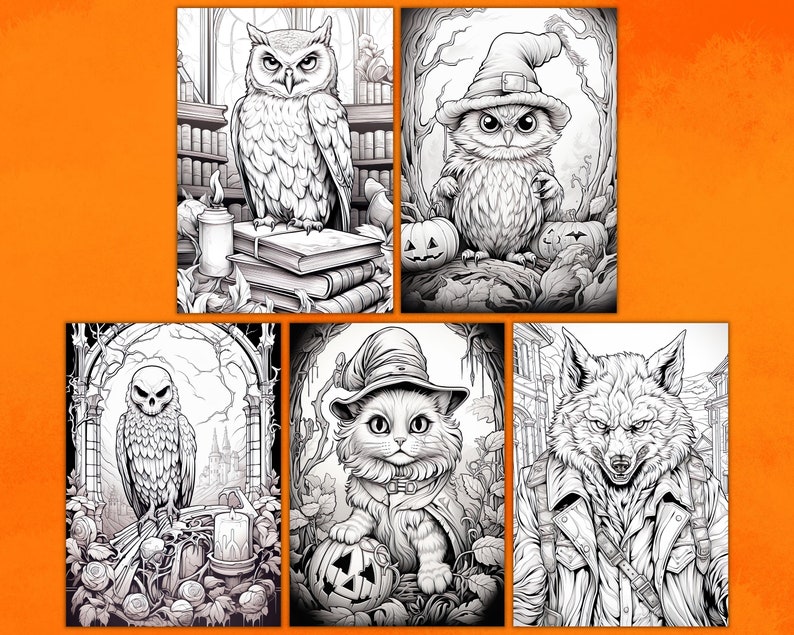 Creepy Halloween Animals Coloring Pages for Adults, Grayscale Coloring ...