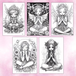 Zen Fairies Medetating Coloring Pages, Fairy Coloring Page, Grayscale ...