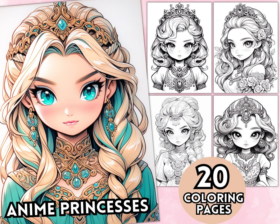 Anime Princesses Coloring Pages for Adults, Grayscale Coloring Page ...
