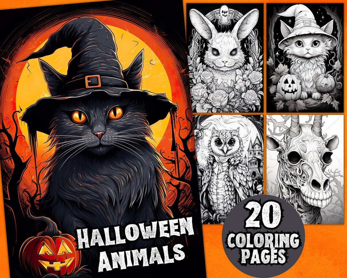 Creepy Halloween Animals Coloring Pages for Adults, Grayscale Coloring ...