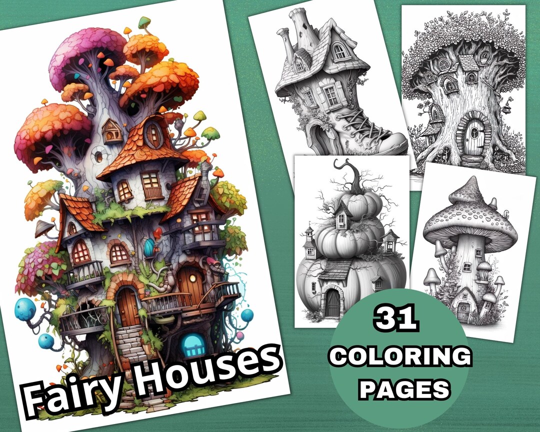 Grayscale Fairy Houses Coloring Book Page, Coloring Pages, Printable ...