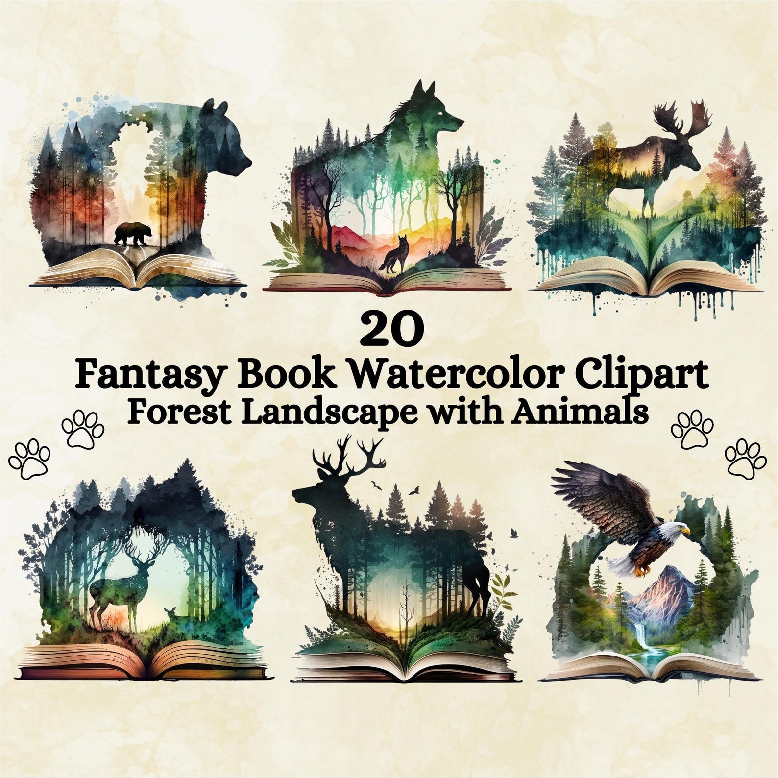 20 Watercolor Fantasy Forest Book Clipart Open Book Clipart - Etsy