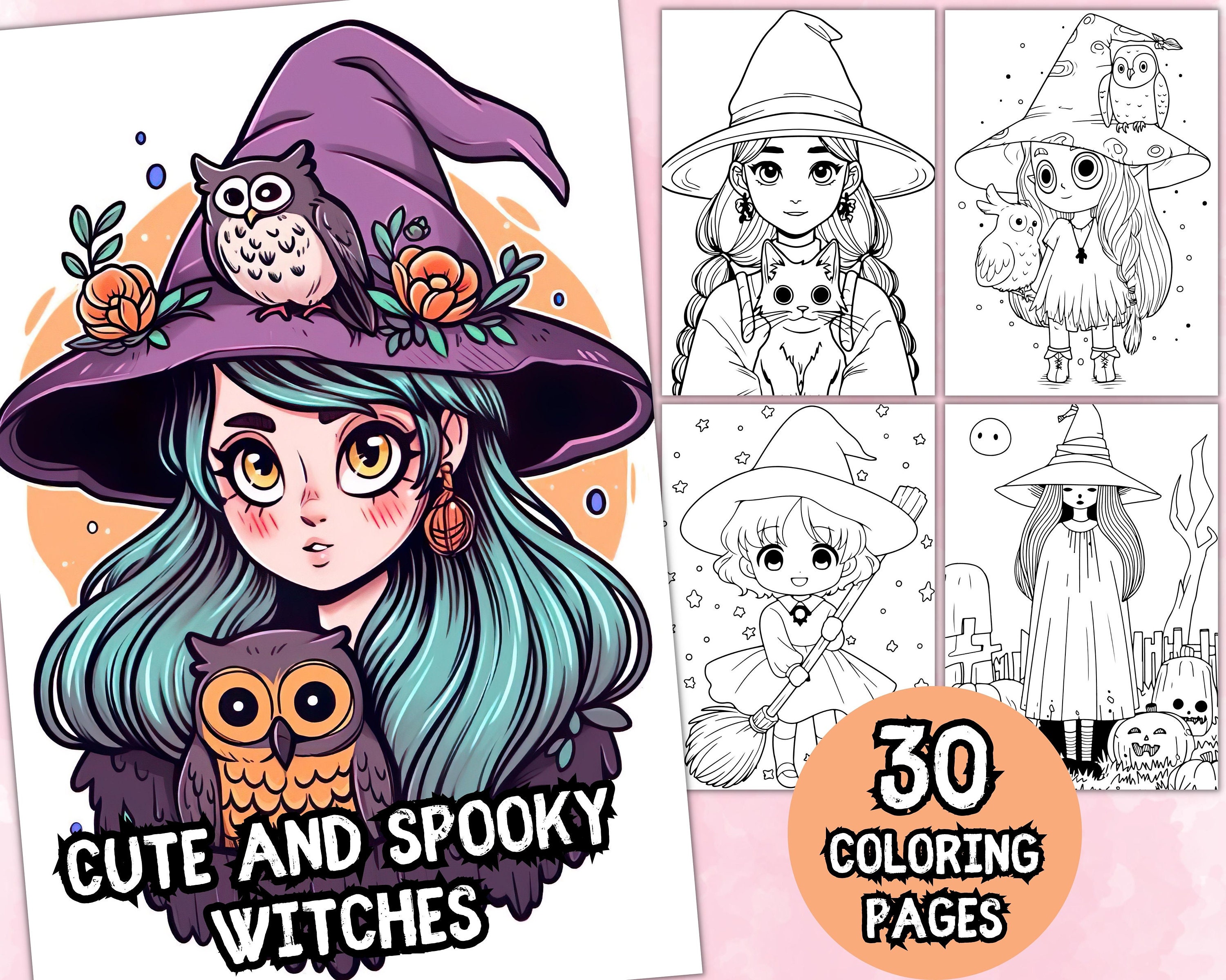 Cute and Spooky Witches Coloring Pages, Digital Coloring Book ...