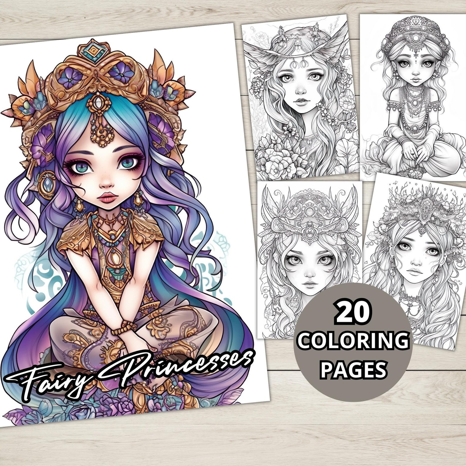 Cute Fairy Princesses Coloring Pages, Grayscale Coloring Page, Fantasy ...