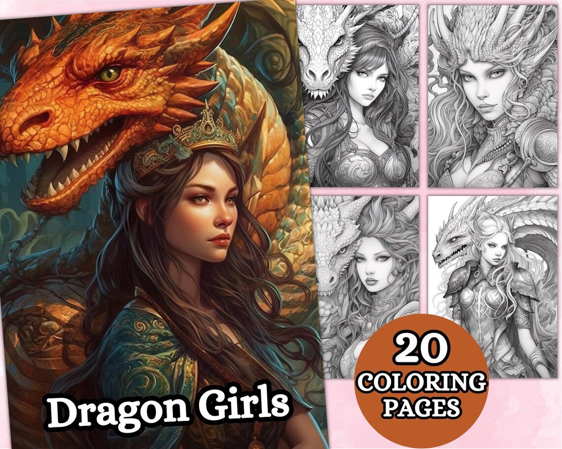20 Beautiful Dragon Girls Coloring Page Book, Grayscale Coloring Pages ...