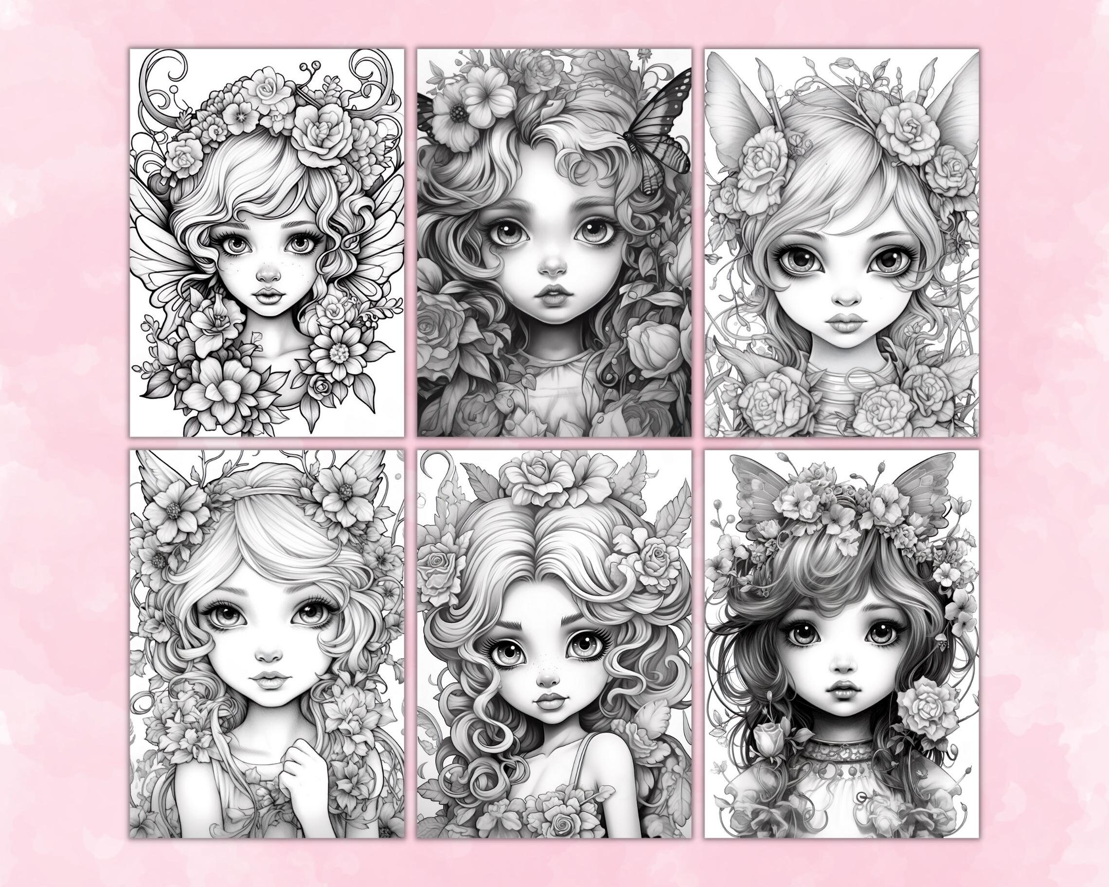Adorable Flower Fairy Portraits Coloring Pages, Grayscale Coloring ...