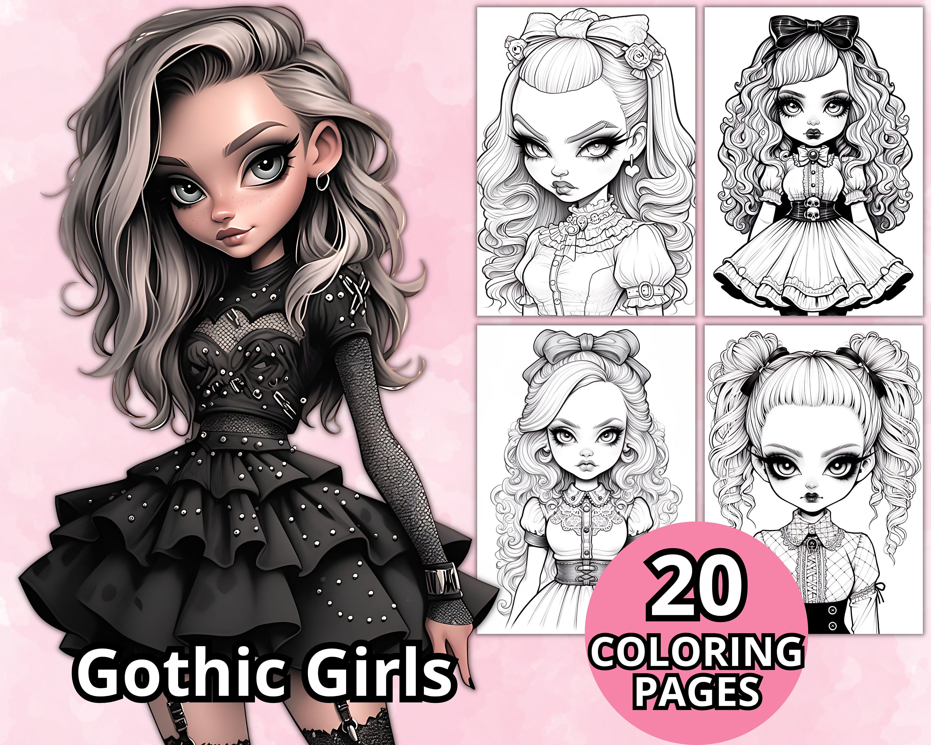 Gothic Girls Coloring Pages for Adults, Grayscale Coloring Pages ...