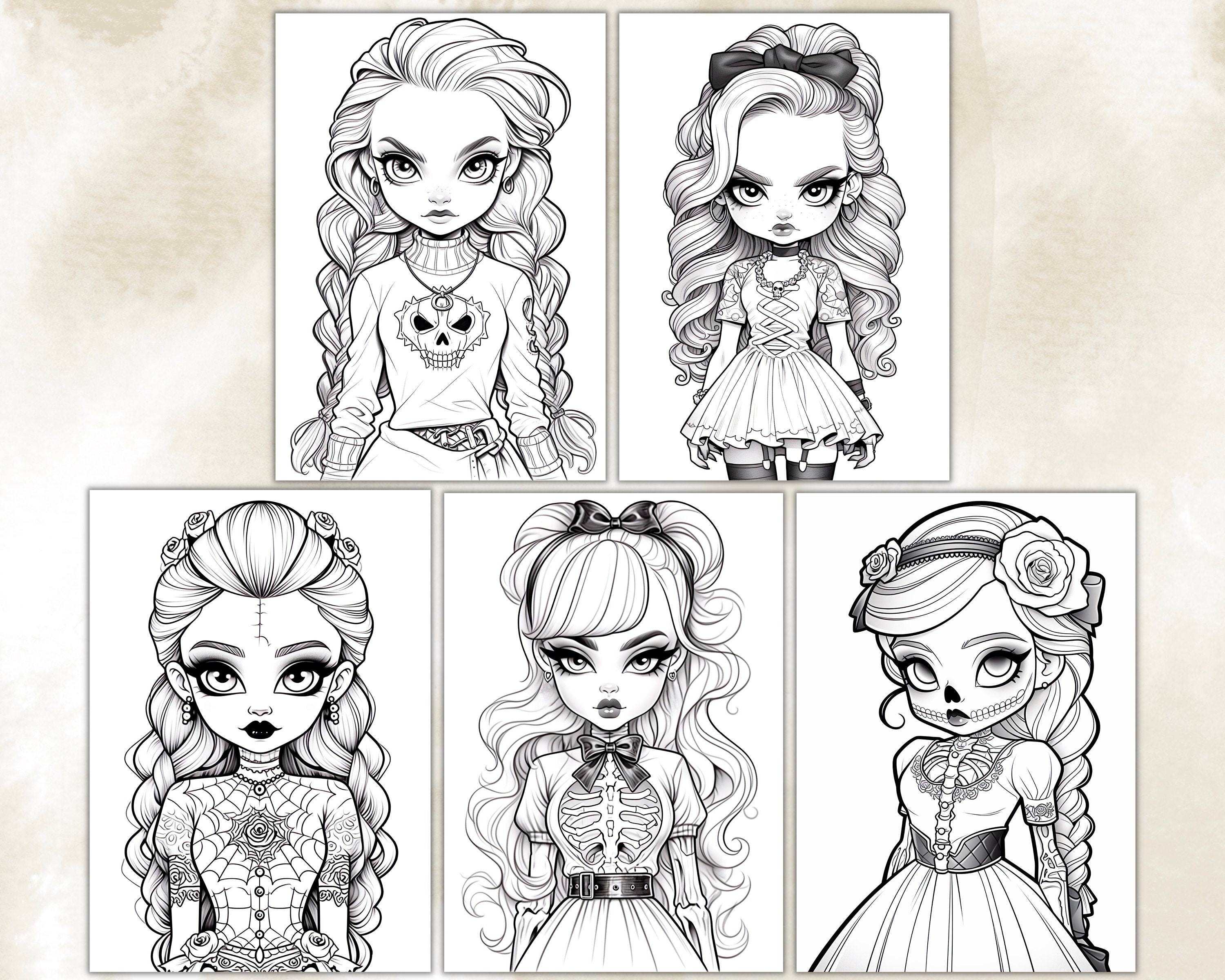 Spooky Girls Coloring Pages, Grayscale Coloring Pages, Halloween ...