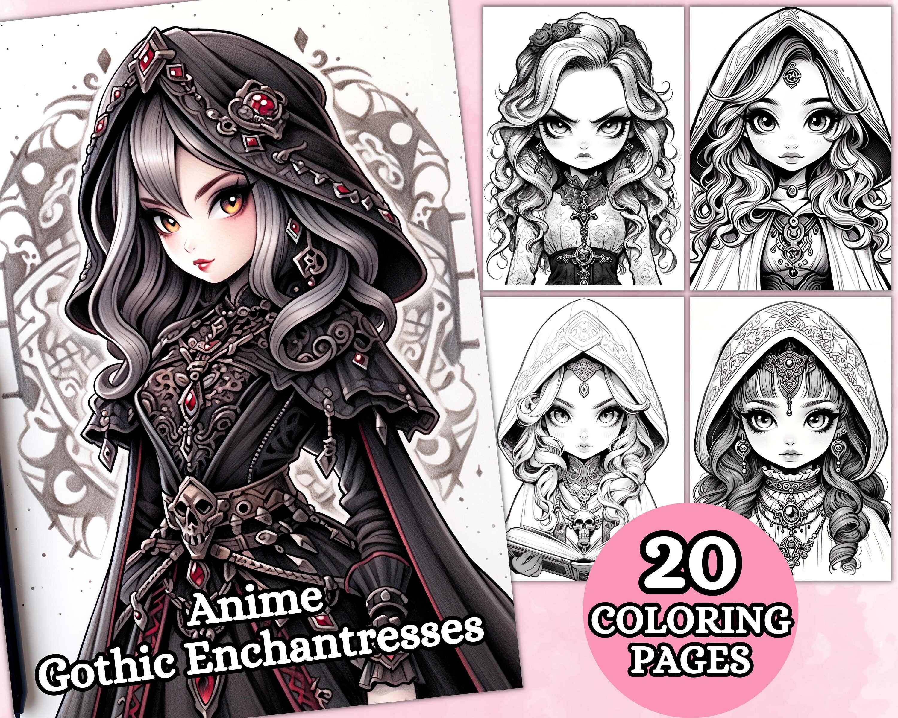 Anime Gothic Enchantresses Coloring Pages for Adults, Grayscale ...