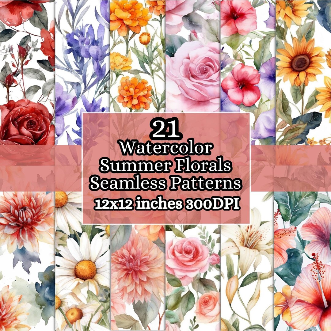 21 Seamless Summer Floral Watercolor Patterns, Watercolor Flower ...