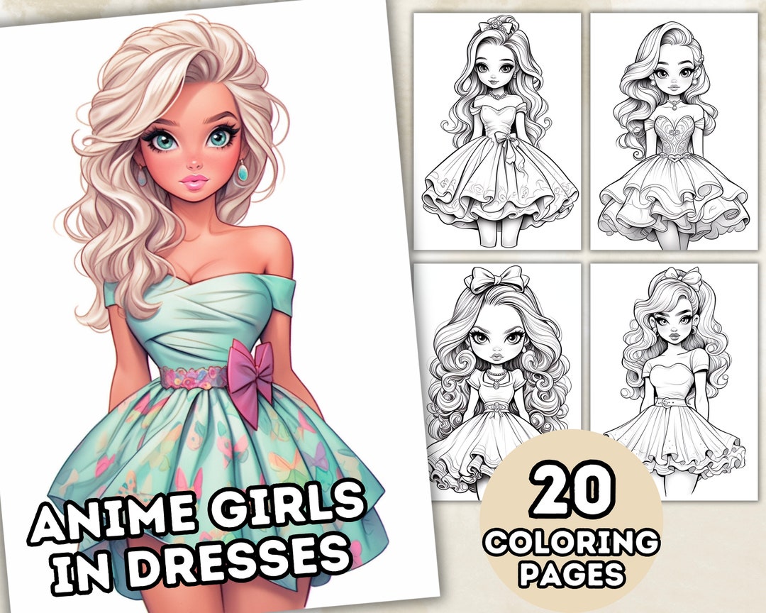 Cute Anime Girls in Dresses Coloring Pages, Grayscale Coloring Pages ...