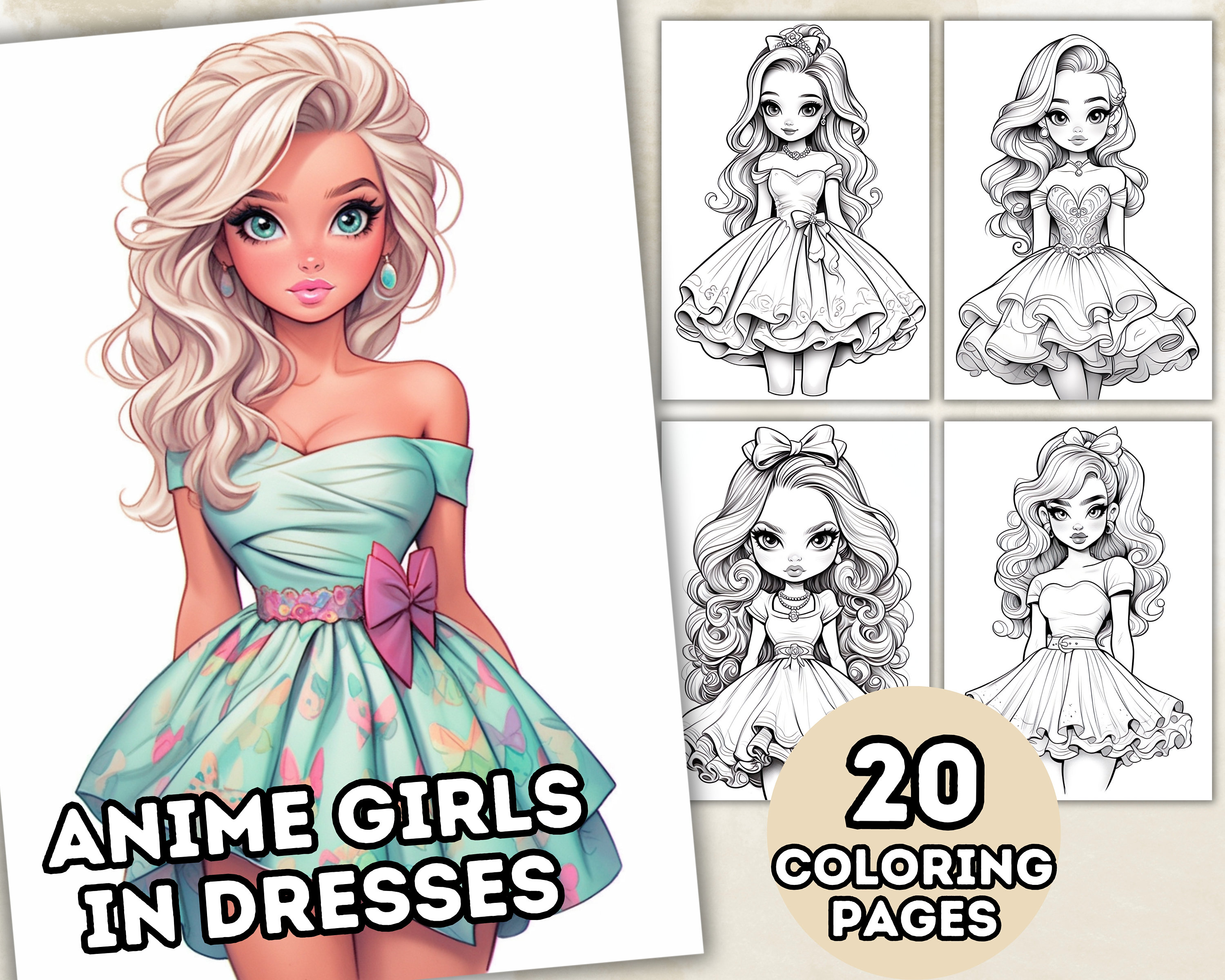 Cute Anime Girls in Dresses Coloring Pages, Grayscale Coloring Pages ...