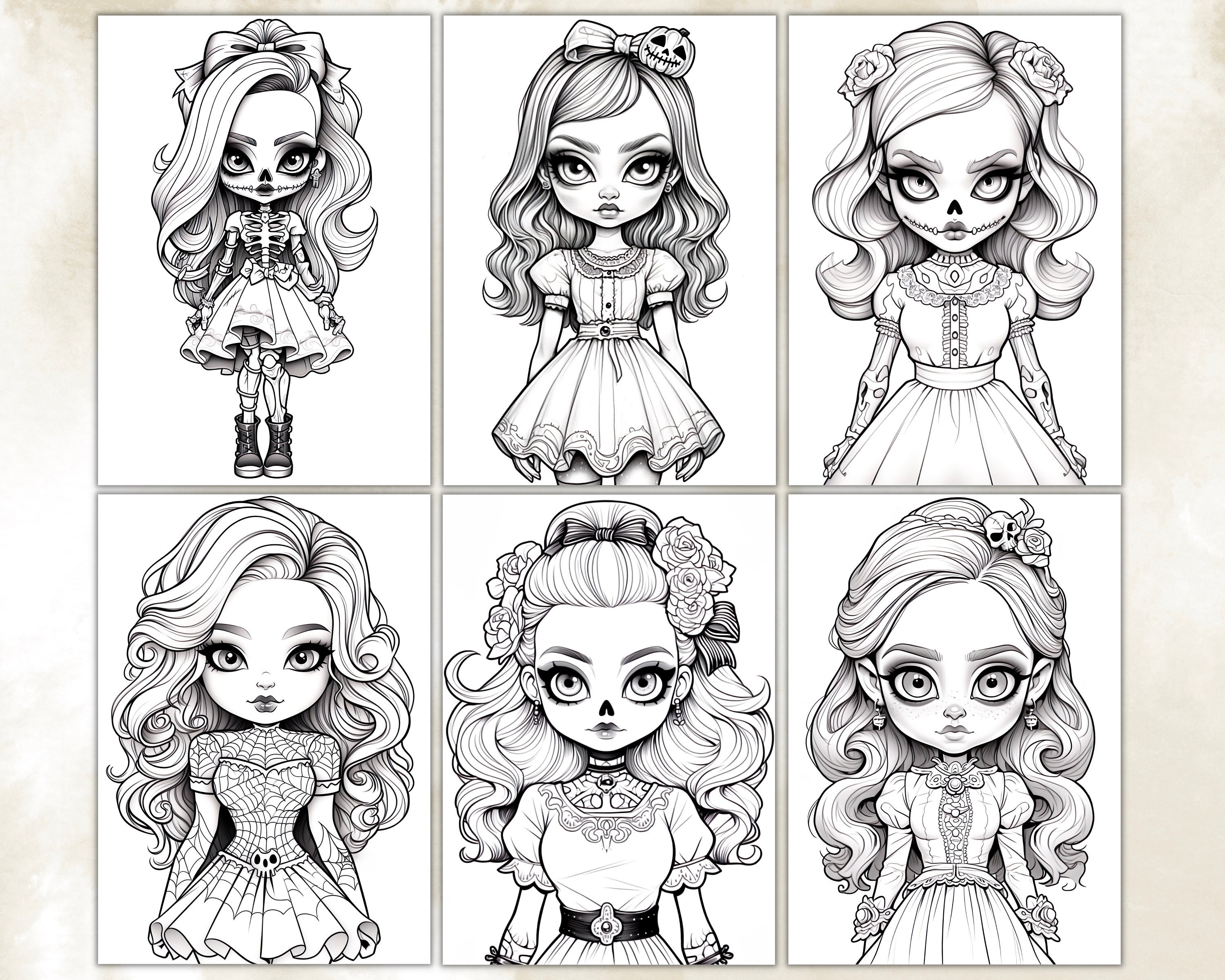 Spooky Girls Coloring Pages, Grayscale Coloring Pages, Halloween ...